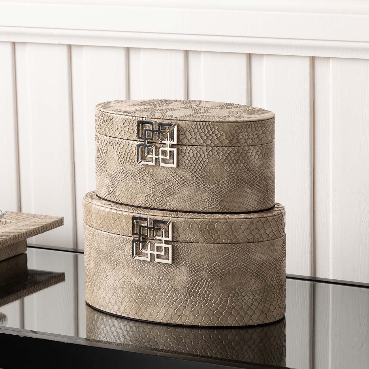 Set of 2 Taupe Faux Snake Leather Oval Jewellery Boxes – XShowhome